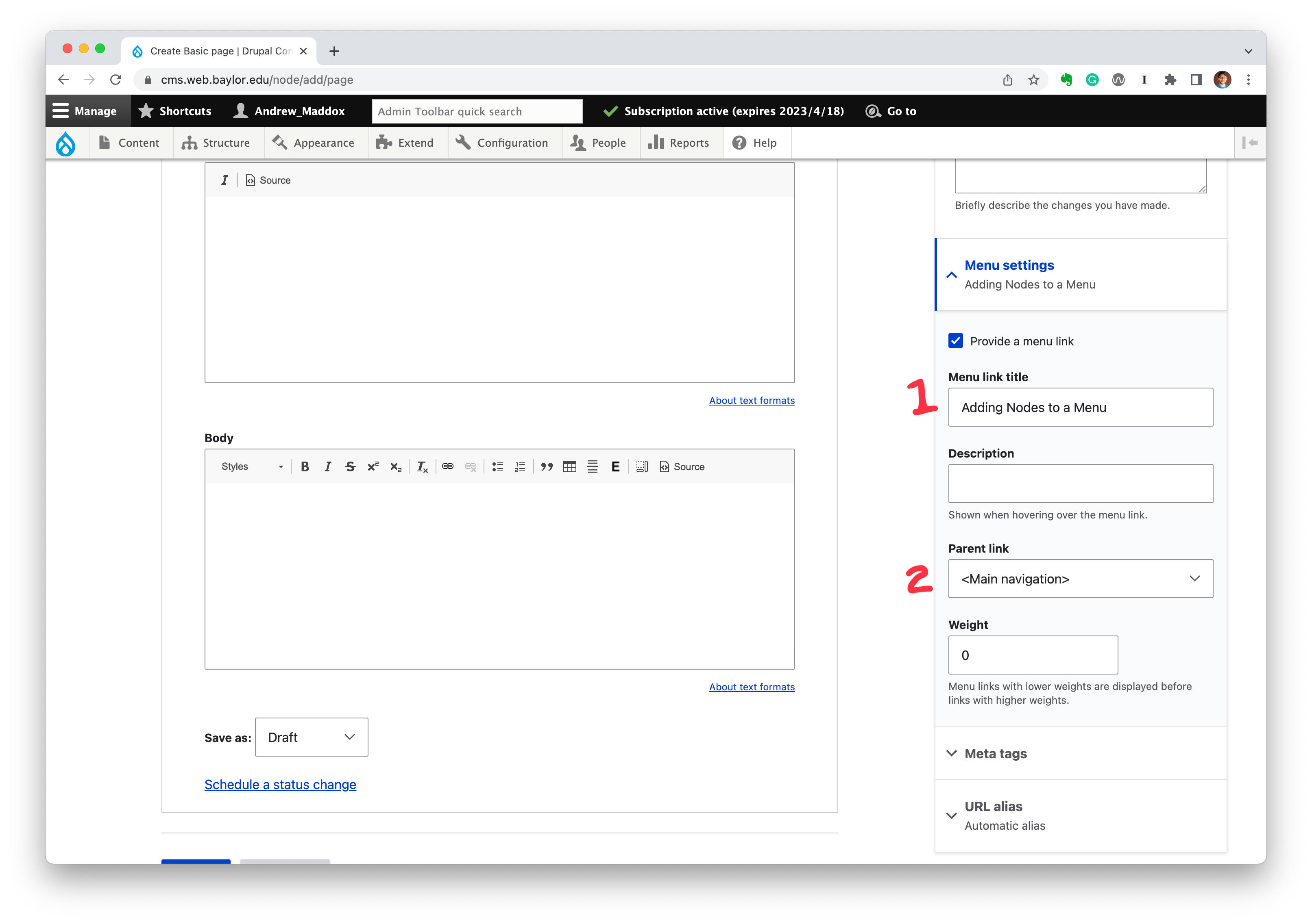 Add Pages to a Menu | Drupal Content Management System (CMS) | Baylor University